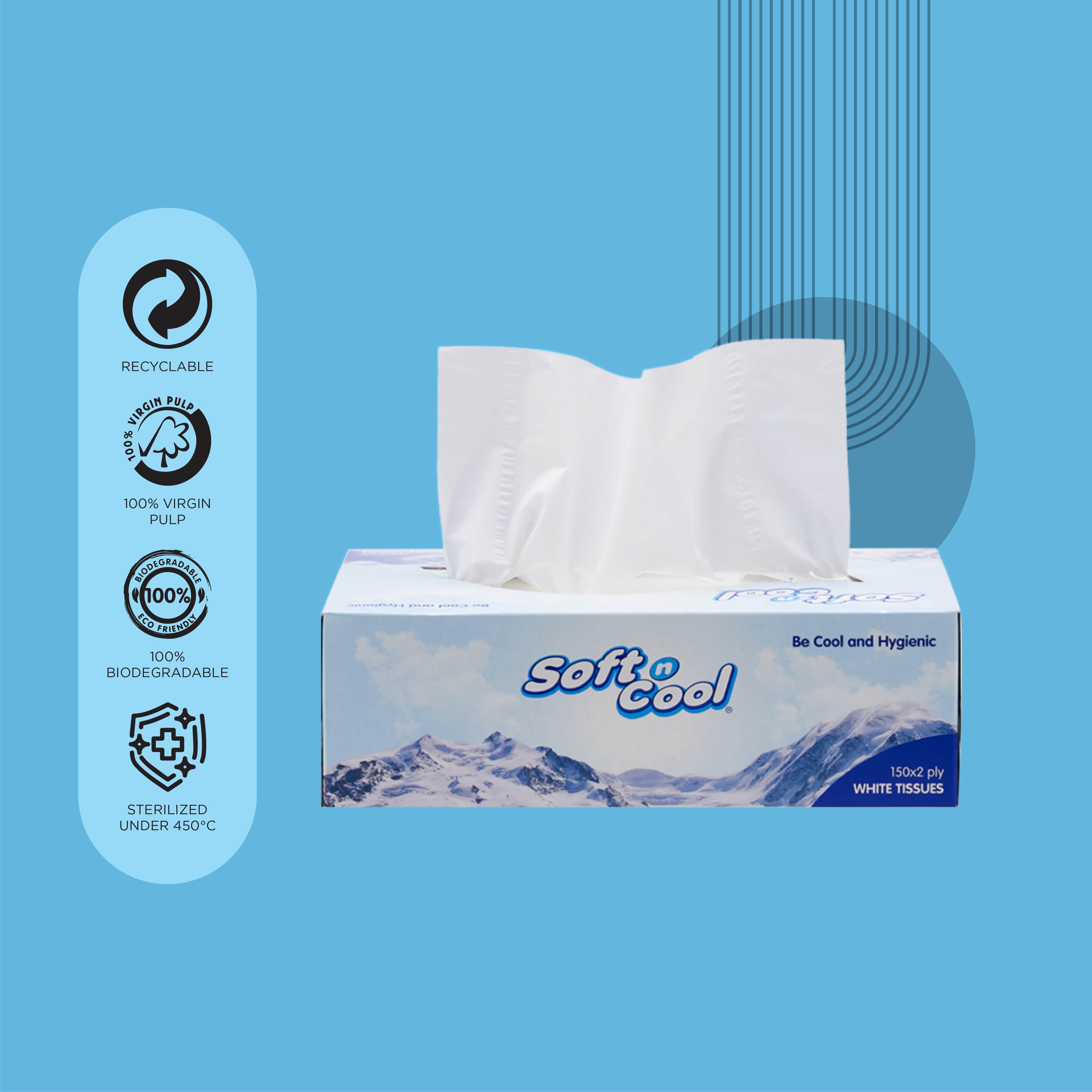 30 Boxes Soft N Cool Facial Tissue 150 Sheets x 2 Ply – Hotpack India